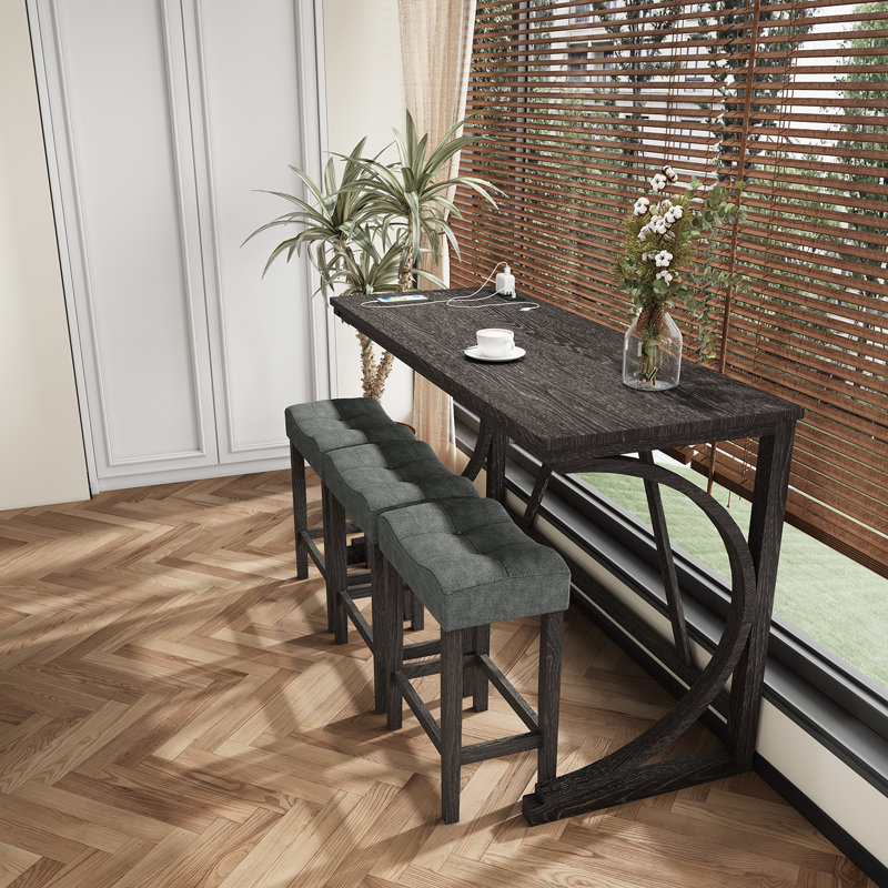 Millwood Pines Demicah 4-Piece Counter Height Bar Table Set with Socket and 3 Fabric Padded Bar ...